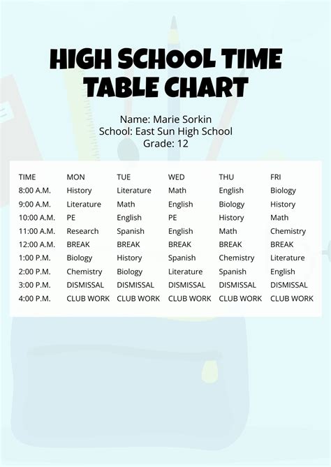Free School Time Table Chart Download In Pdf