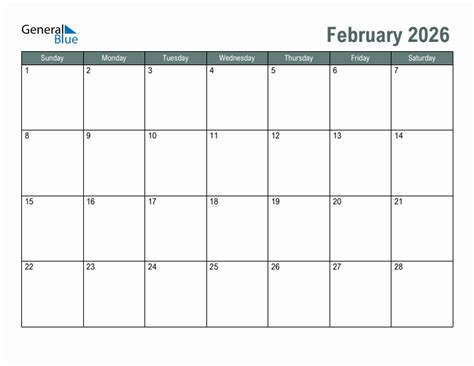 Printable February 2026 Calendar