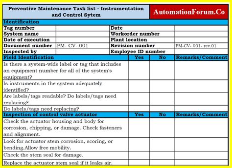 Preventive Maintenance Forms Examples