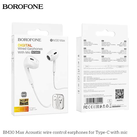 BOROFONE BM30 Max 1.2M Type-C Acoustic Wire Control Earphone with Mic White
