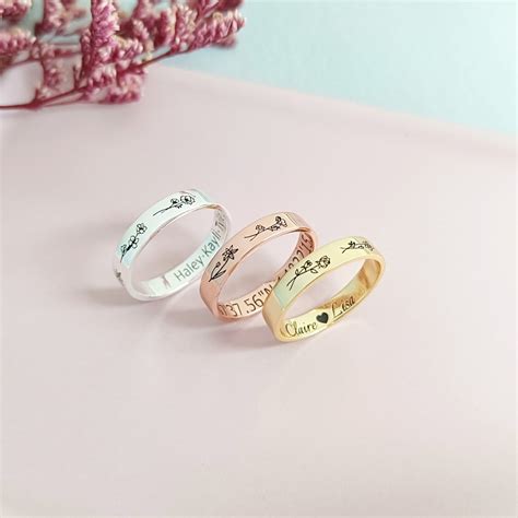 Personalized Birth Flower Ring Floral Ring Custom Name Ring Etsy