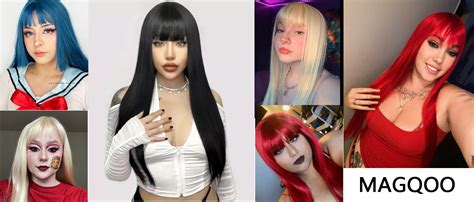 Magqoo Black Wig With Bang Long Straight Black Wigs For