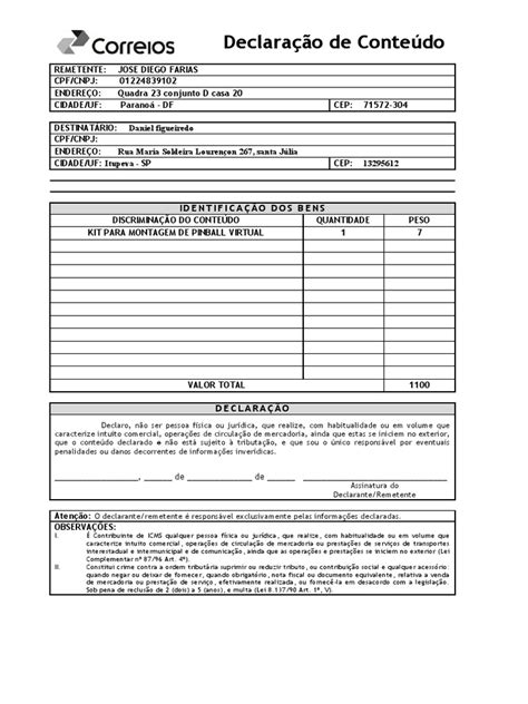 Declaracao De Conteudo Correios Pdf Recibo Justiça