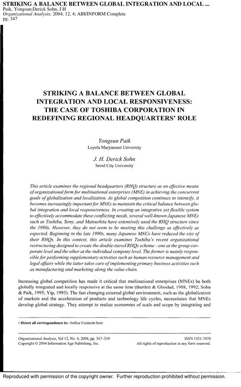 Pdf Striking A Balance Between Global Integration And Local Responsiveness The Case Of