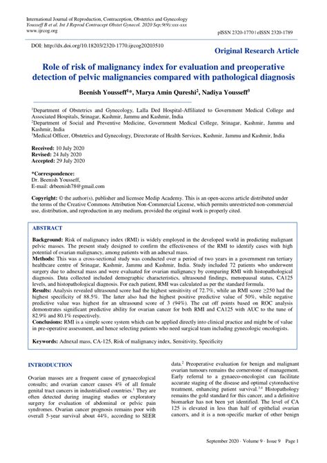 Pdf Role Of Risk Of Malignancy Index For Evaluation And Preoperative Detection Of Pelvic