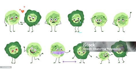 감정 얼굴 팔과 다리와 귀여운 양배추 문자세트 행복하거나 슬픈 영웅 야채 놀이 사랑에 빠지다 마스크 미소 또는 눈물로 거리를
