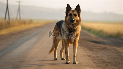 谭恩美和黑狗站在路上高清摄影大图 千库网