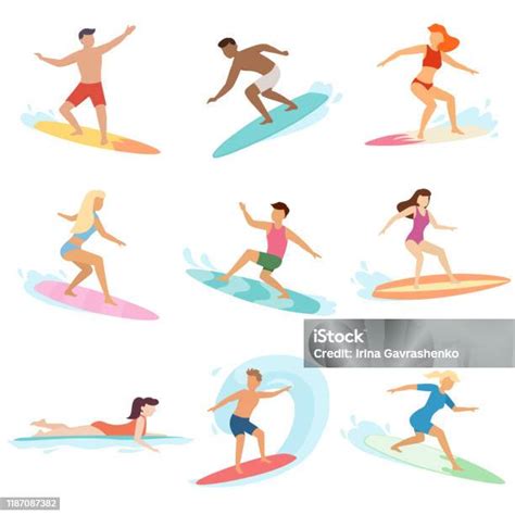 서핑 보드에 사람들 서핑 서핑 보드와 물 방울 파도를 타고 서퍼 남성과 여성 서퍼 세트 여름 표면 수상 스포츠 개체 그룹에 대한 스톡 벡터 아트 및 기타 이미지 Istock