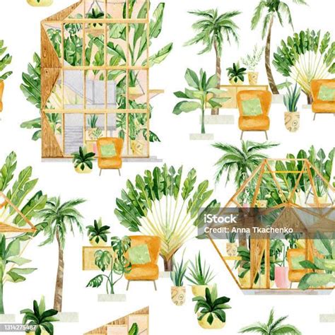 열대 풍경에 수채화 온실 원활한 패턴 재치 야자수 바나나 잎 선인장 나무 집 포장지 스크랩북 종이 벽지 장식 섬유 직물을위한 여름 정원 0명에 대한 스톡 벡터 아트 및 기타