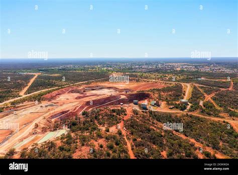 Scenic Aerial Landscape Of Cobar Copper Mine And Distant Town In Nsw Of
