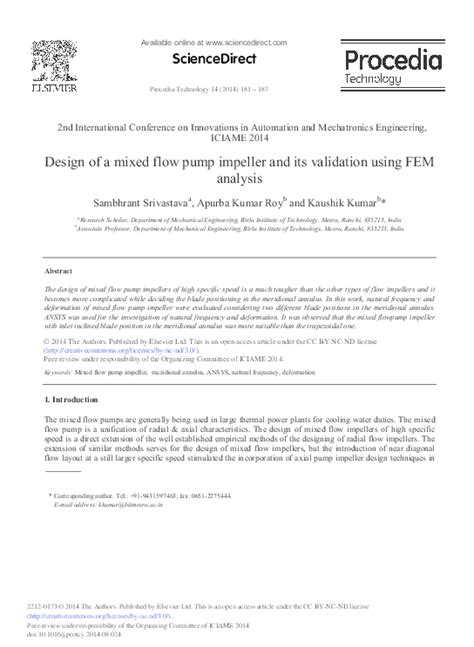 Pdf Design Of A Mixed Flow Pump Impeller And Its Validation Using Fem