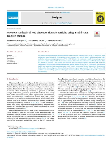 Pdf One Step Synthesis Of Lead Zirconate Titanate Particles Using A Solid State Reaction Method
