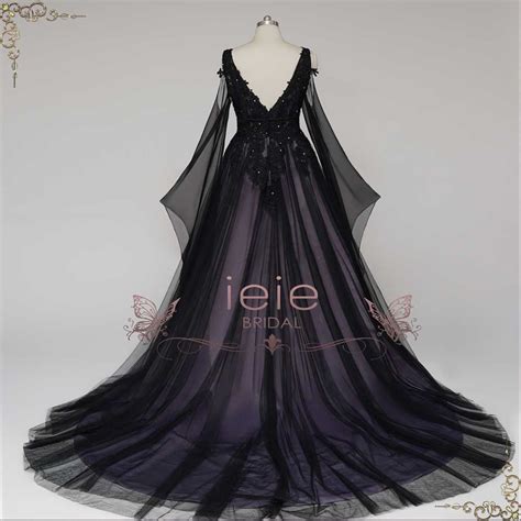 Gothic Black Lace Wedding Dress With Bell Sleeves Elvira Ieie