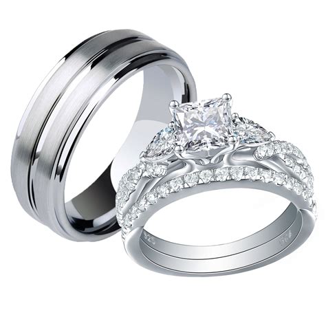 Newshe Jewellery Wedding Rings Set For Him And Her Aaaaa Cz Women Mens Tungsten Bands 925