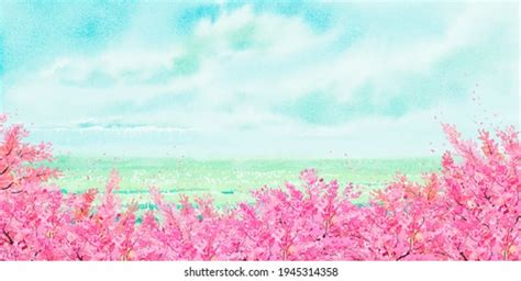 Watercolor Landscape Painting Panorama Colorful Cherry Stock