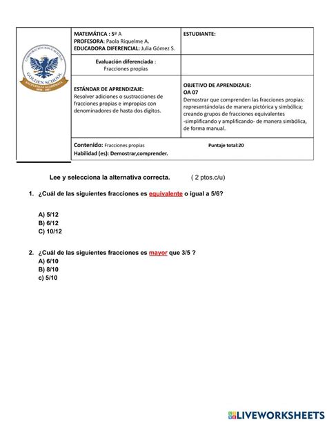 Fracciones Online Exercise For 5° Live Worksheets