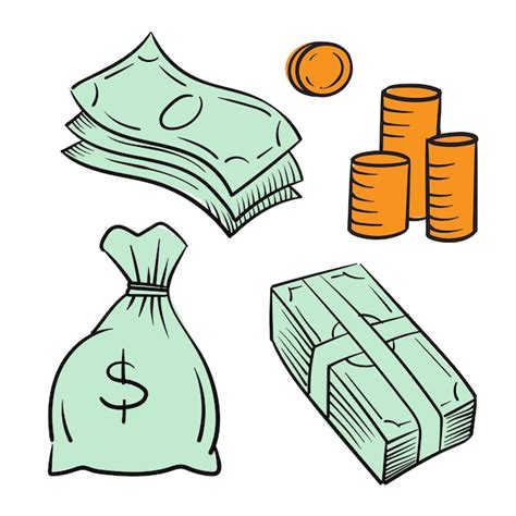 Premium Vector Hand Drawn Banknotes And Coins Money Units A Stack Of
