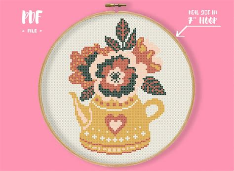 Kettle Flowers Cross Stitch Pattern Flower Embroidery Tea With Herbs Needlepoint Small Easy