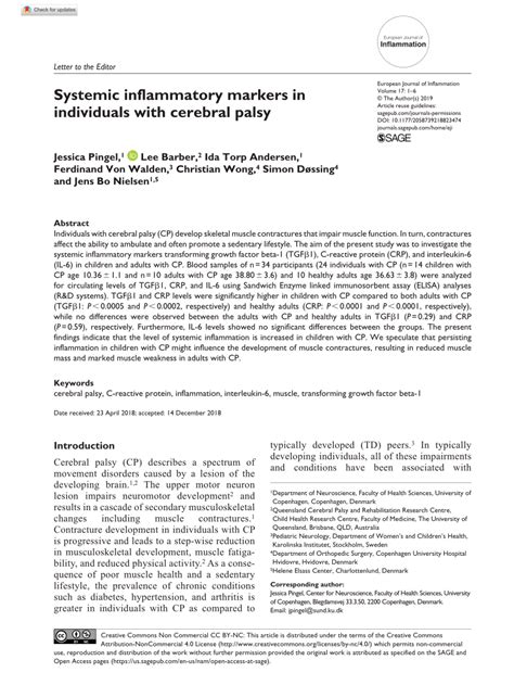 Pdf Systemic Inflammatory Markers In Individuals With Cerebral Palsy