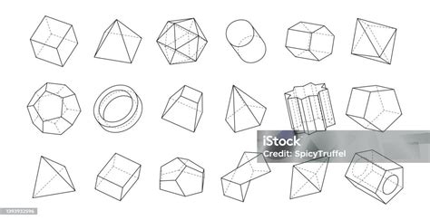 수학적 수치 3d 기하학적 모양을 윤곽선으로 표시합니다 삼각형과 육각형 프리즘 평행 육면체와 실린더 미니멀 큐브 원환 또는 피라미드 벡터 다각형 선 양식 집합 구에 대한