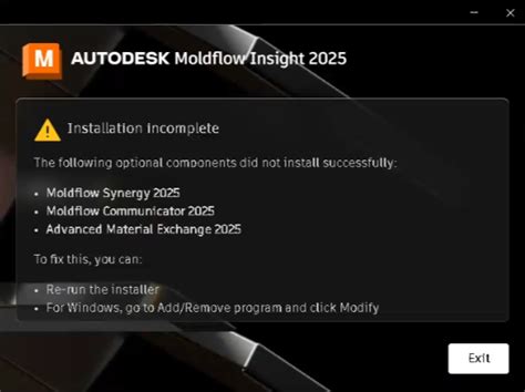 installation incomplete when installing moldflow insight and synergy