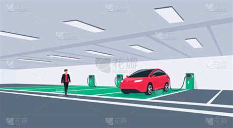 电动车充电在地下地下室车库的壁盒充电器架上 蓄电池车停放在连接充电站的专用停车场上 矢量说明