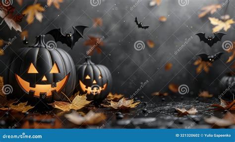 Spooky Halloween Bats Flying Over Jack Olanterns In A Dark Forest Stock