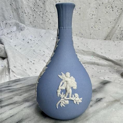Vintage Wedgwood Blue Jasperware Bud Vase 5 14 Cherubs Made In England
