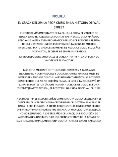 El Crack Del 29 Pdf Accidente De Wall Street De 1929 Viajes Por
