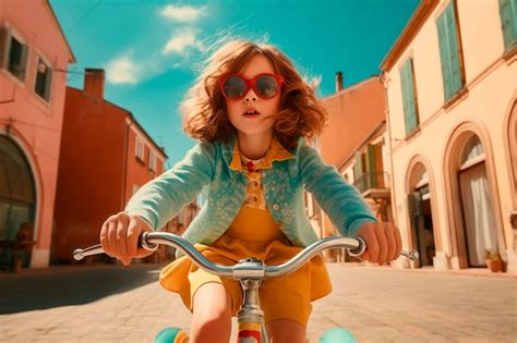 Premium Ai Image Retro Girl Riding A Bicycle