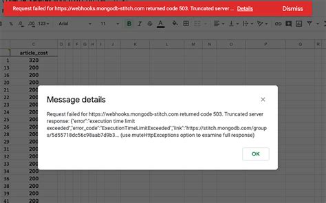 Stitch 503 Exceedederrorcodeexecutiontimelimit Exceeded