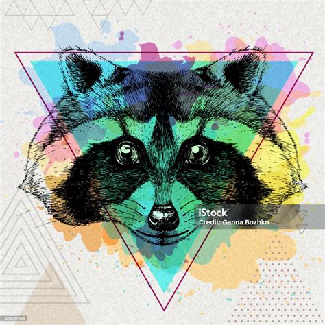 Hipster Animal Raccoon On Artistic Polygon Watercolor Background Stock