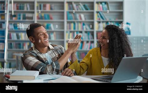 African American Man Arab Caucasian Woman Smile High Five Together Teamwork Friends Students