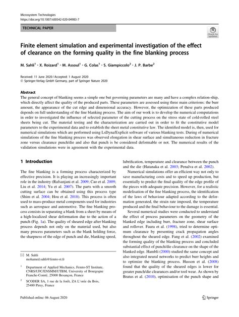 Pdf Finite Element Simulation And Experimental Investigation Of The Effect Of Clearance On The