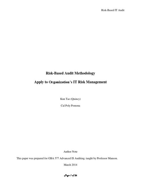 Risk Based Audit Methodology Apply To Organization S It Risk Management