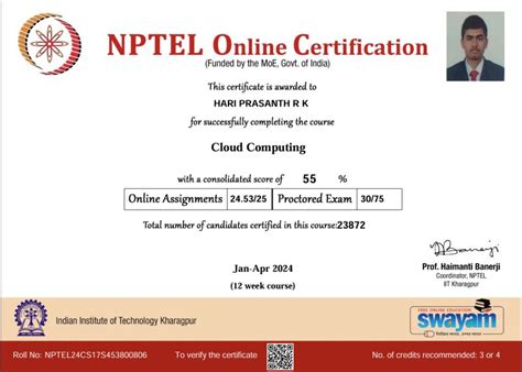 Completed Nptel Course On Cloud Computing With 55 Hari Prasanth