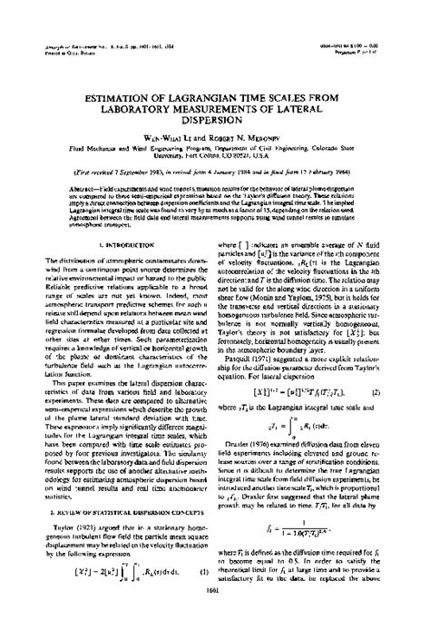 Pdf Estimation Of Lagrangian Time Scales From Laboratory Measurements Of Lateral Dispersion