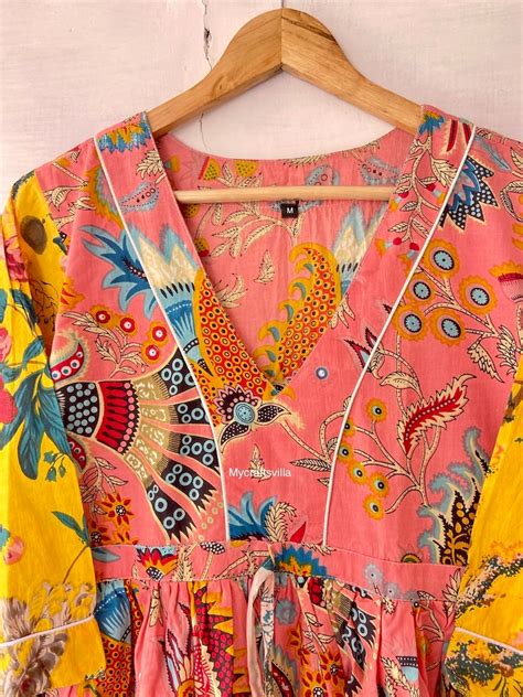 New Patchwork Print Cotton Dress Deep V Neckline Dress 34sleeves