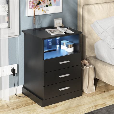 Halitaa Black Led Nightstand With Charging Station Side