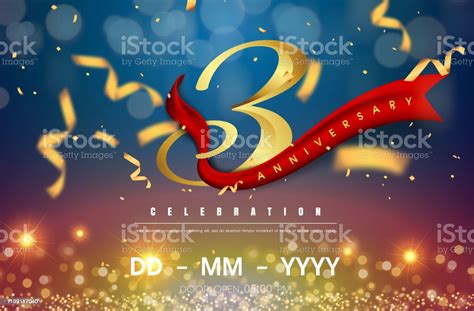 골드와 블루 배경 3 년 기념일 로고 템플릿 3 빨간 리본 벡터와 색종이 고립 된 디자인 요소와 황금 숫자를 축 하 광고에 대한 스톡 벡터 아트 및 기타 이미지 Istock