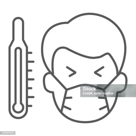病人與溫度計薄線圖示 共和冠狀病毒 高溫標誌 向量圖形 一個線性圖示在白色背景 Eps 10向量圖形及更多10號圖片 10號 19號