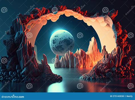 Futuristic Fantasy Landscape Sci Fi Landscape With Planet Neon Light