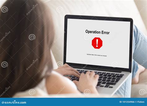 Woman Lying On Sofa Looking At Laptop Operation Error Message Stock Photo Image Of Internet