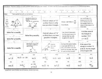 PreCalc NoCalc Mathacrostics Law Of Sines Law Of Cosines Herons Formula