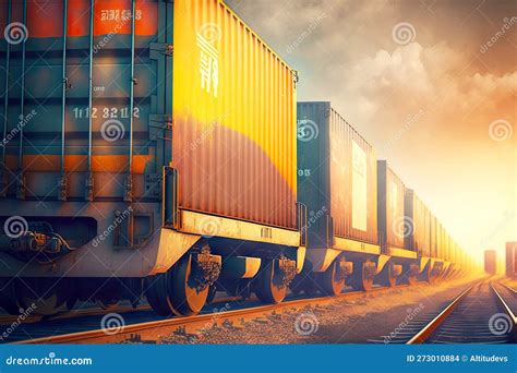 Contentores Marrons Amarelos Carregados Em Plataformas De Comboios De