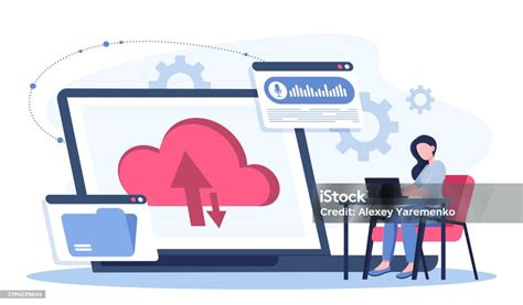 클라우드 시스템 파일 노트북을 가진 여자가 서버에 파일을 업로드합니다 인터넷 안전 및 개인 데이터 보호 인터넷으로 문서를 교환합니다 전자 스토리지 평면 벡터 일러스트 레이