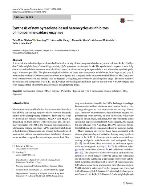 Pdf Synthesis Of New Pyrazolone Based Heterocycles As Inhibitors Of Monoamine Oxidase Enzymes