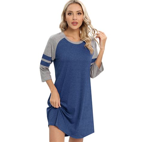 Wbq Womens Nightgown 3 4 Sleeve O Neck Nightshirt Color Block Casual