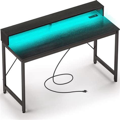 Computer Desk 47 Inch With Led Lights And Power Outlets Office Desk With