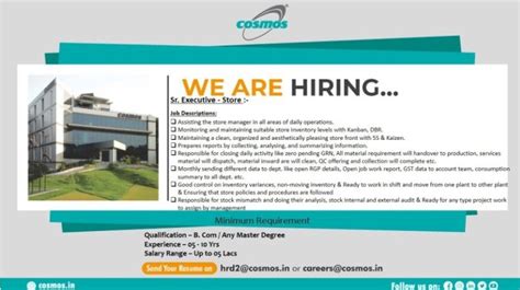 Cosmos Hiring For Store Department— Send Resume Now » PharmaJobs